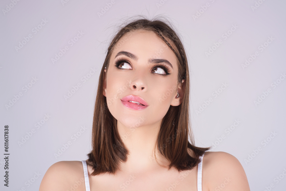 Portrait of thoughtful girl making choice. Woman thinking on isolated ...