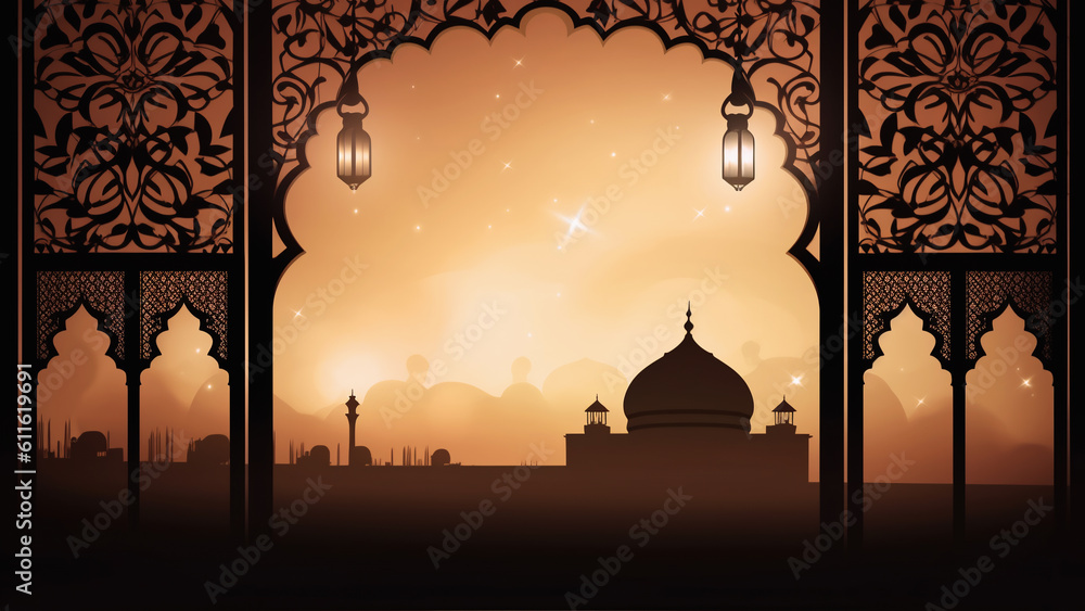 Islamic background with arabic pattern, mosque silhouette against the ...