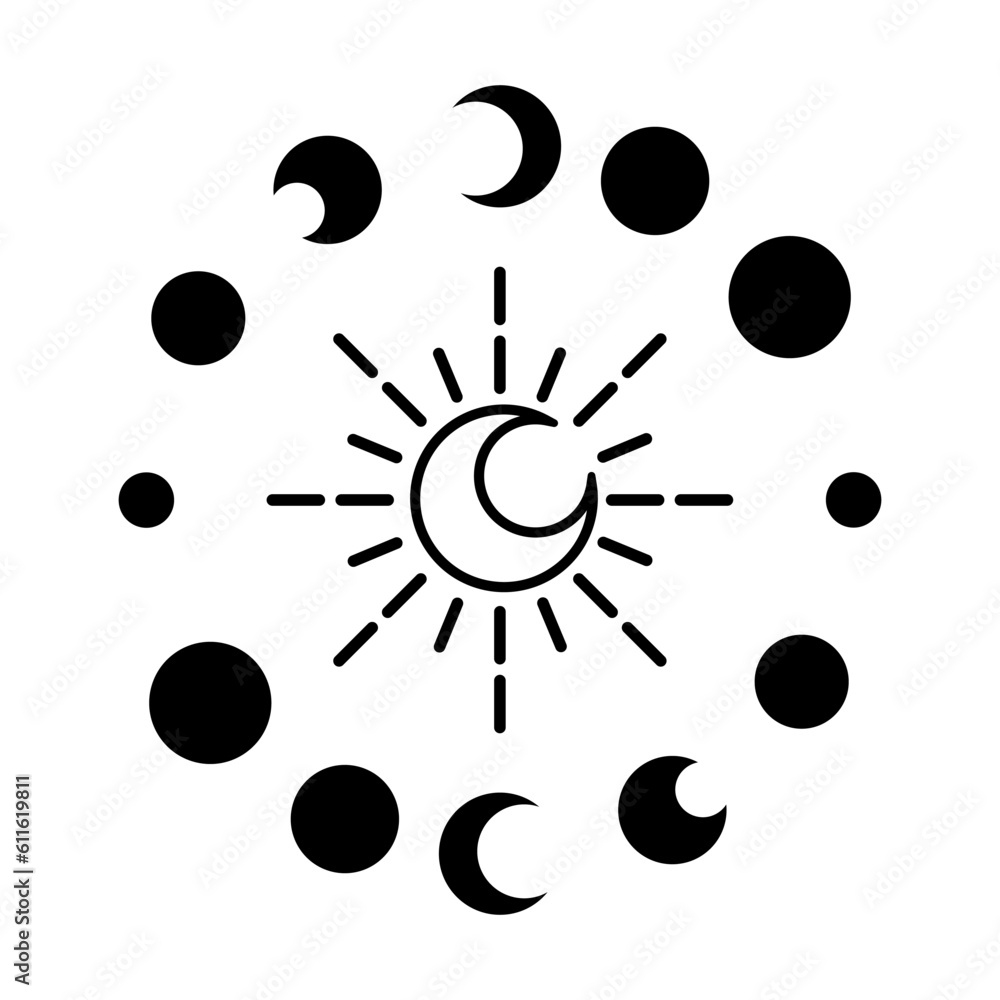 Magic moon and stars icon. Graphic elements for astrology. Boho witch ...