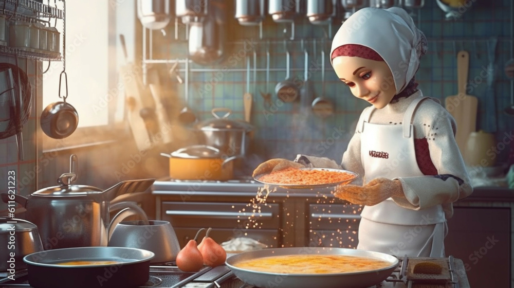 3d rendering of humanoid robot chef cooking soup in a modern kitchen ...