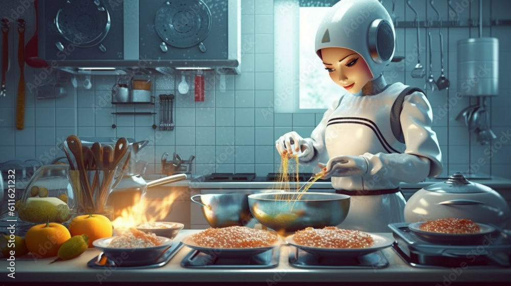 3d rendering of beautiful humanoid robot chef cooking in the kitchen ...