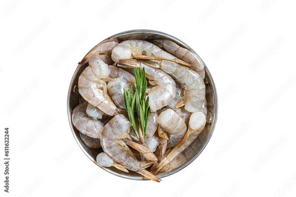 White tiger shrimps, raw prawns in a skillet with rosemary. Isolated ...