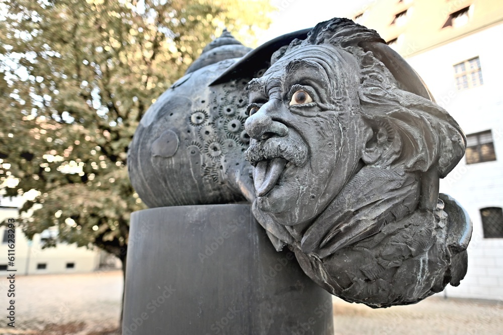 Ulm, Baden-wuerttemberg, Germany - May 16, 2023: Head of Albert Einstein, a fragment of Albert ...
