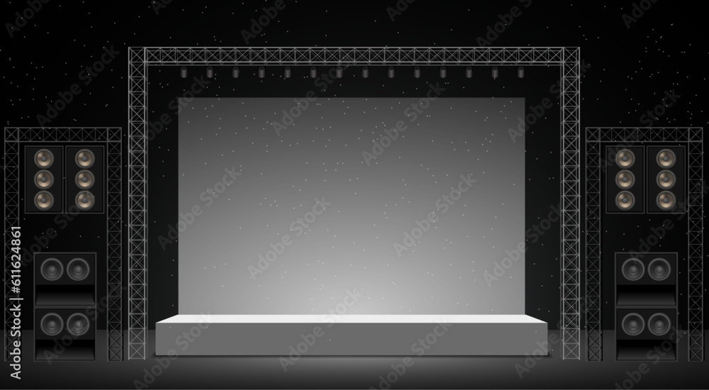 white stage and speaker with spotlight on the truss system on the white ...