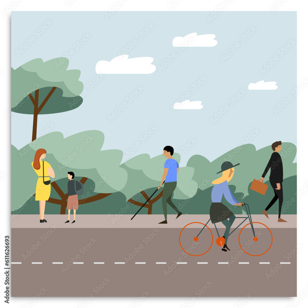 People going along city street. Urban panorama with pedestrians ...