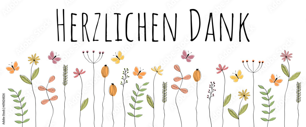 Herzlichen Dank - Schriftzug in deutscher Sprache. Dankeskarte mit liebevoll gezeichneter ...