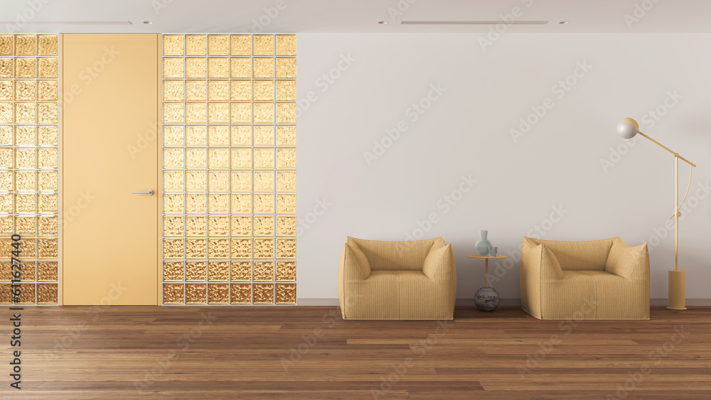 Minimal waiting sitting room with parquet in white and yellow tones ...