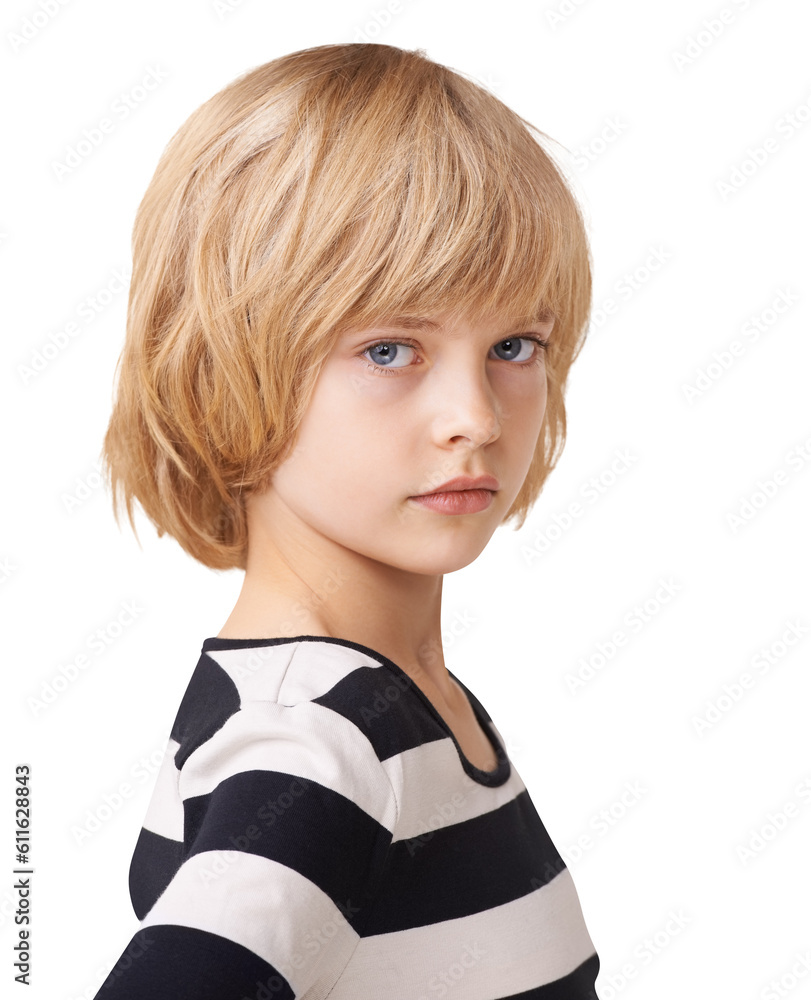 Little girl, serious face and portrait standing in confidence isolated ...