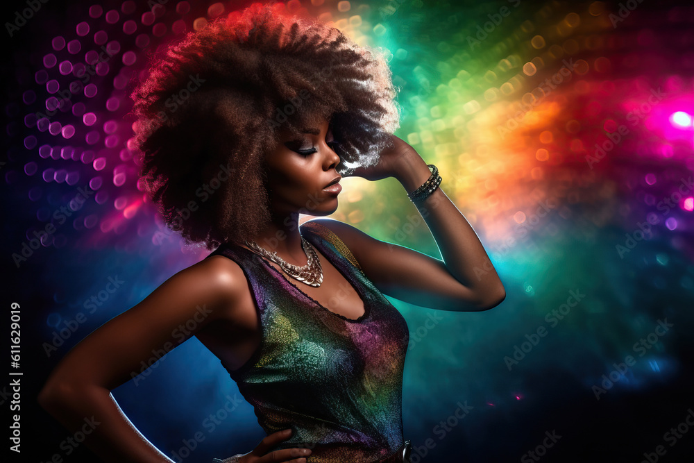 Beautiful African black girl dancing in colorful disco lights and stage ...