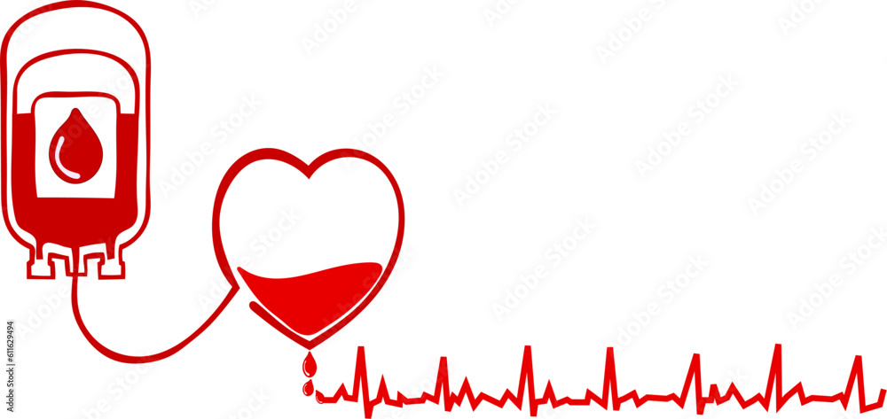 Red Vector drawing, by hand, of a blood bag transfusion into a heart ...