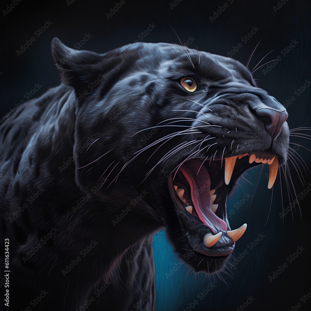 hyper realistic painting of wild black panther roaring bared its fangs ...