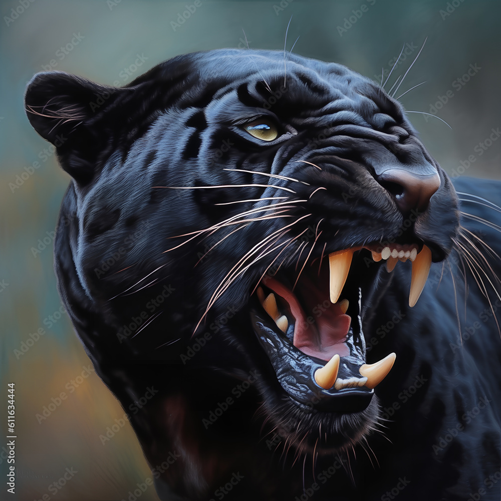 hyper realistic painting of wild black panther roaring bared its fangs. strong and healthy wild ...