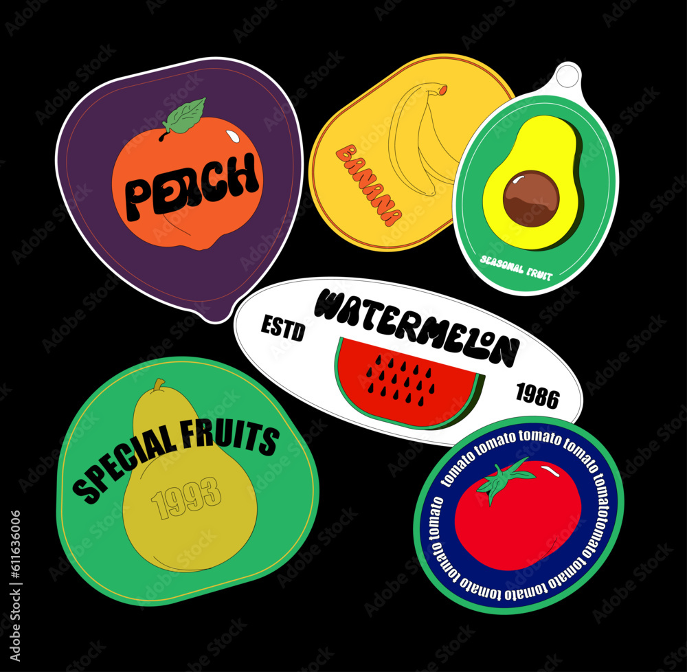 Set of seasonal fruits labels and vegetables stickers and marks or ...