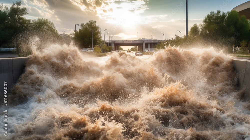 raw sewage and stormwater cascading out of overflow pipes. generative ...