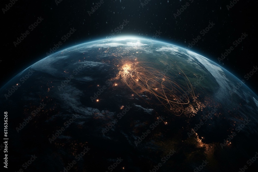 A dystopian digital planet viewed from space among stars showing Earth ...