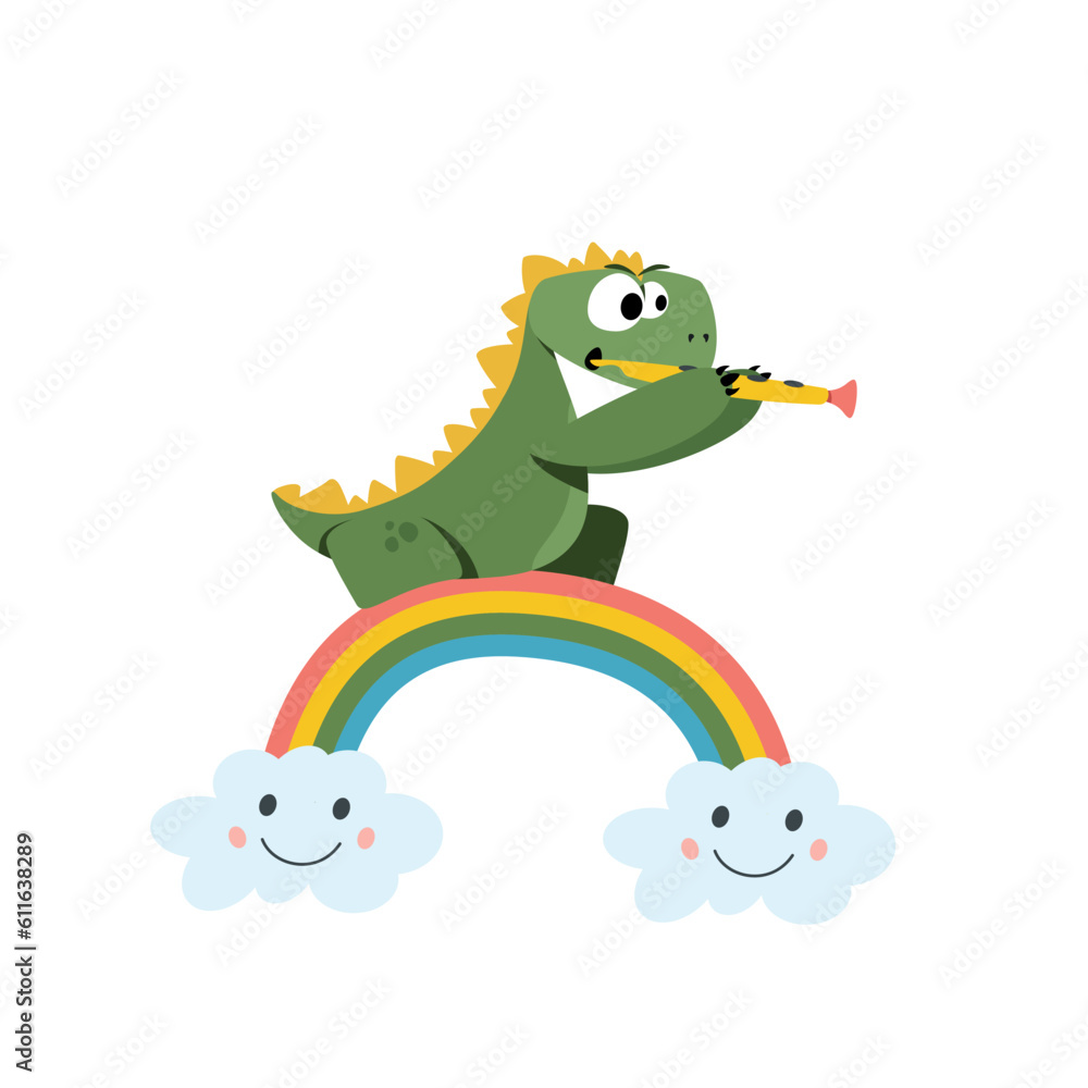 Adorable hand drawn childish dinosaur characters sit on a rainbow and ...