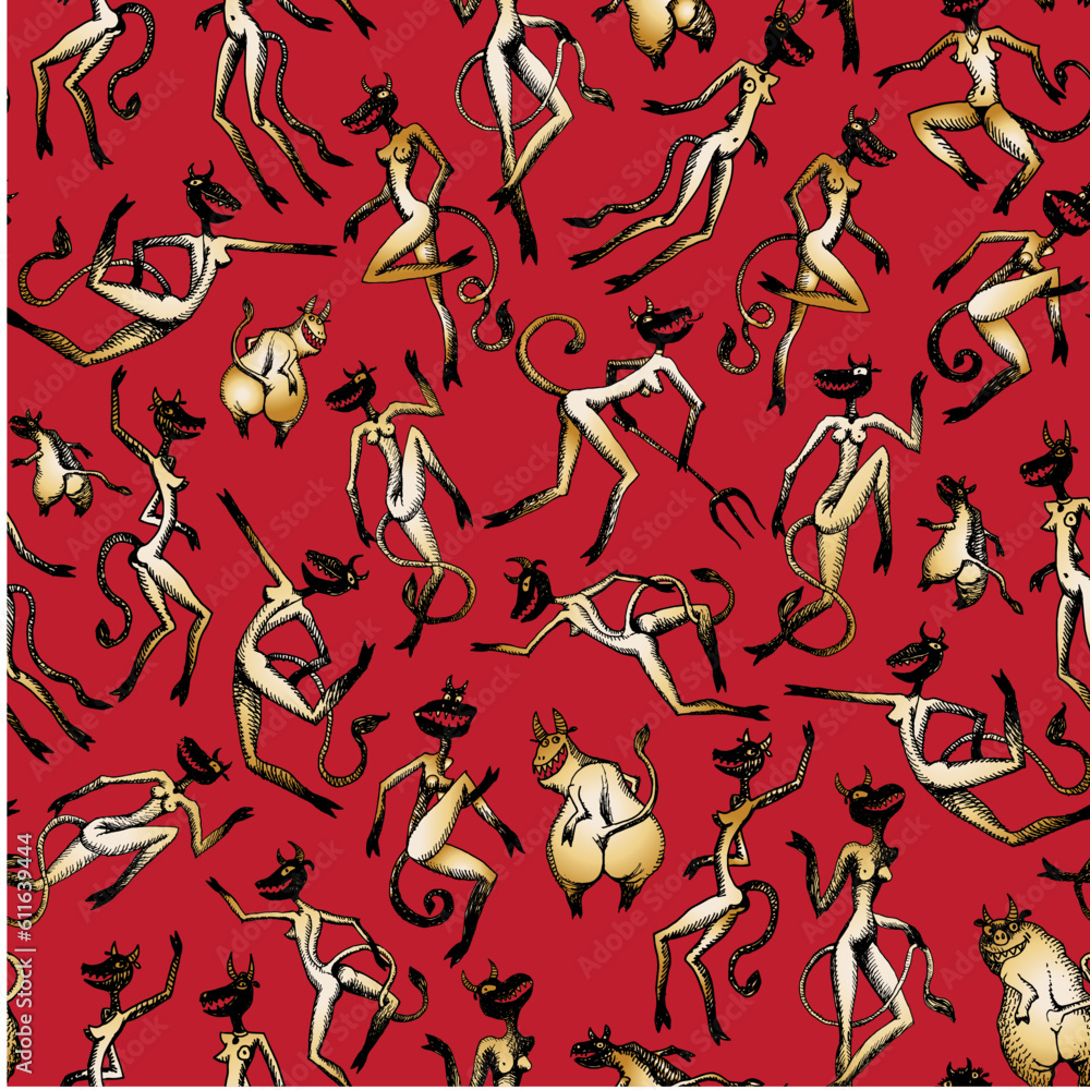 Vector seamless pattern of humorous black and gold dickens silhouette, devils, besom on a red ...