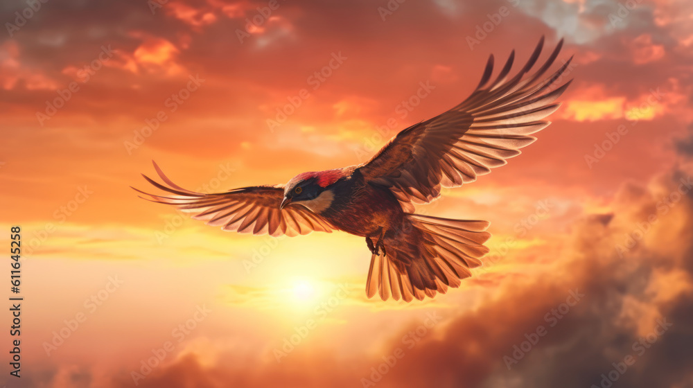 A stunning image of a bird flying in the sunset its wings spread wide ...