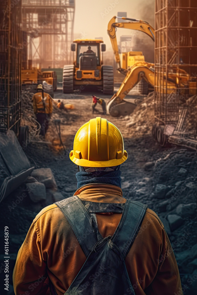 rear view of the construction worker engineer head which is wearing the ...