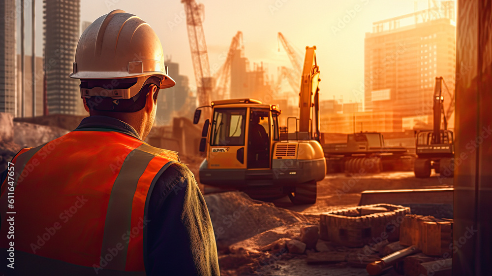 rear view of the construction worker engineer head which is wearing the ...