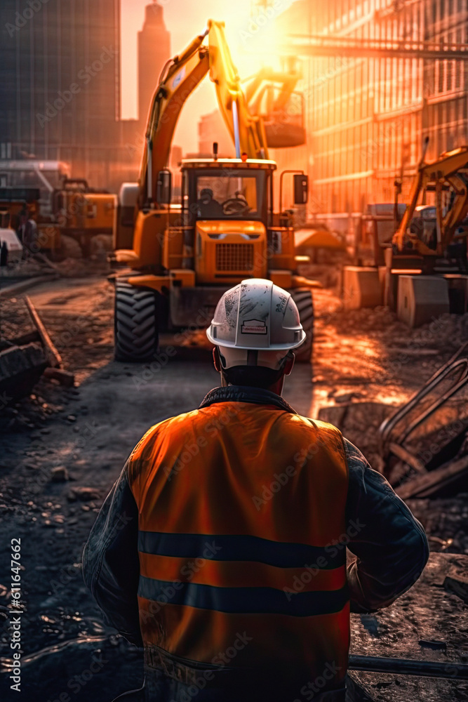 rear view of the construction worker engineer head which is wearing the ...