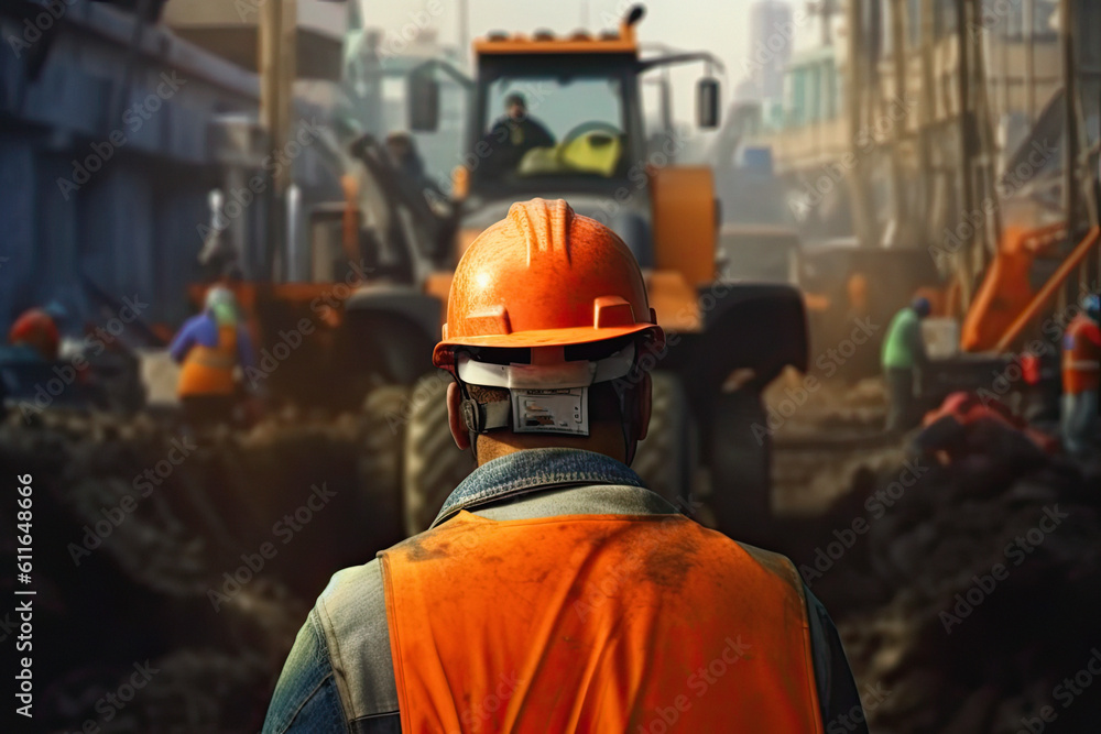 rear view of the construction worker engineer head which is wearing the ...