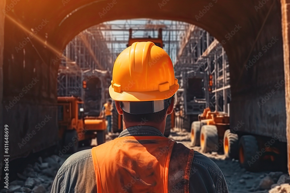 rear view of the construction worker engineer head which is wearing the ...