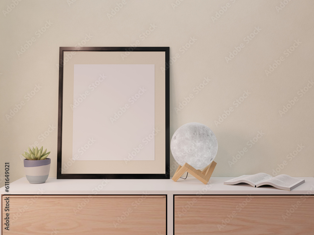 3d Illustration Empty black frame Mockup 4x5 ration with plant pot and ...