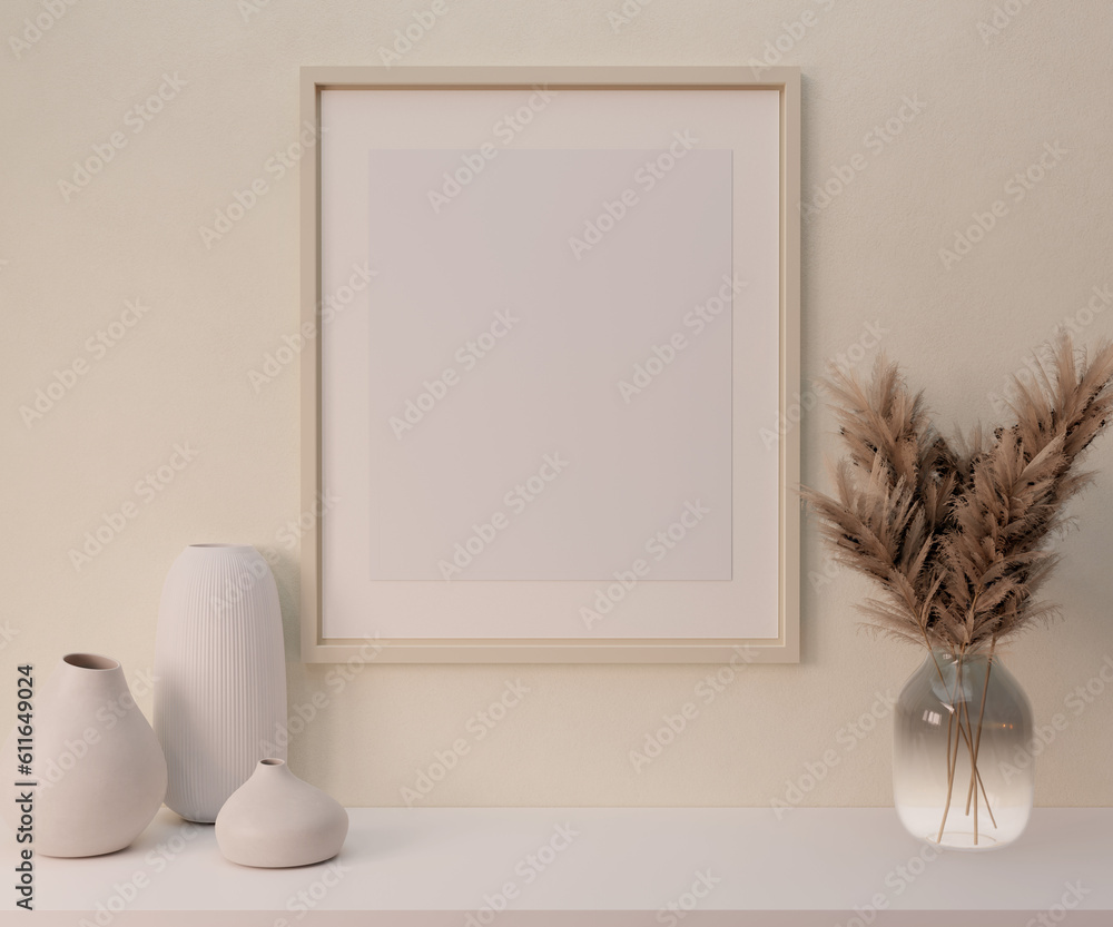 3d Illustration Empty frame Mockup 4x5 ration with dried plant in on ...