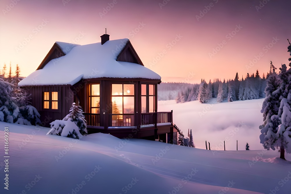 Landscape of winter snowy field and a fancy hut with clear cloudy sky ...