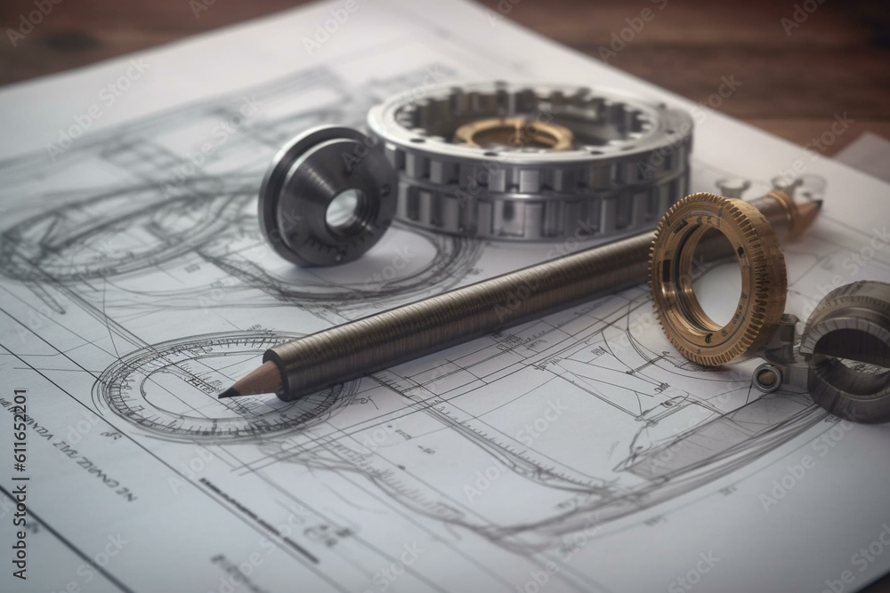 Trammel and pencil on bearing technical drawing. Concept of engineering ...