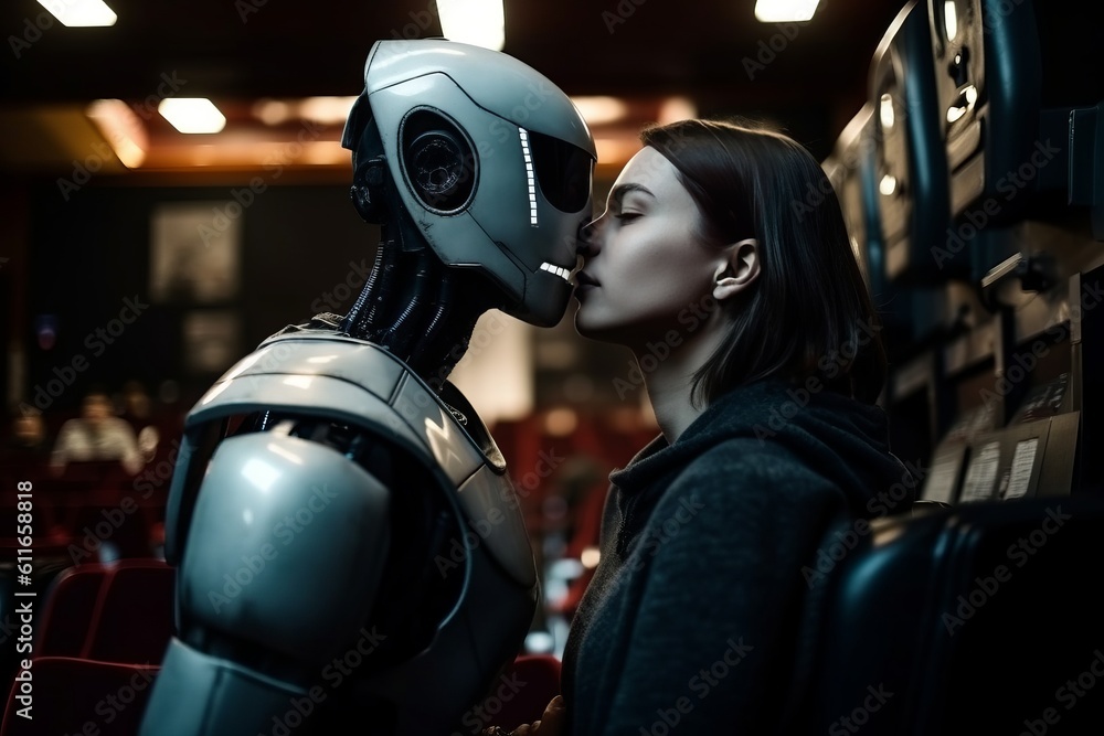 Side view of young woman hugging and kissing with futuristic humanoid ...