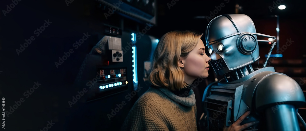 Side view of young woman hugging and kissing with futuristic humanoid ...