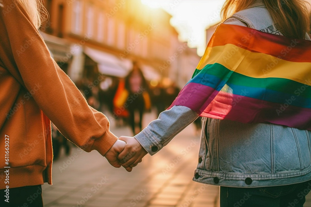 Two women holding hands with LGPTQ Flag created with Generative AI ...