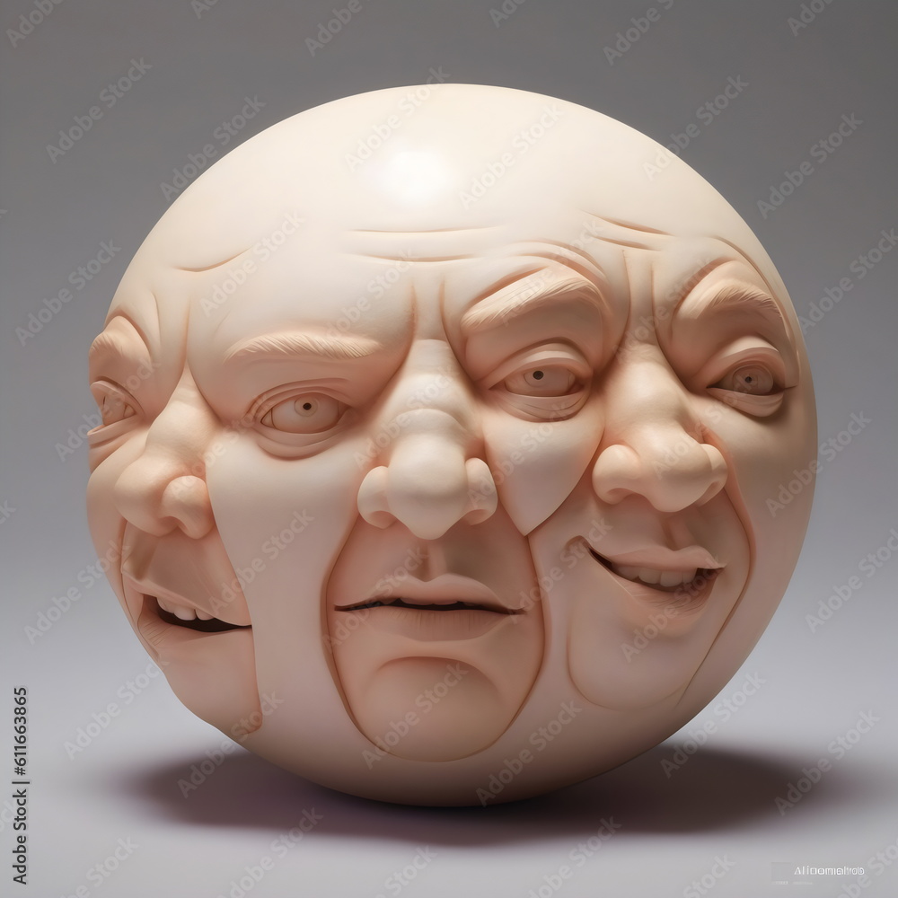 ball sculpture art made from 3 faces isolated on light studio ...
