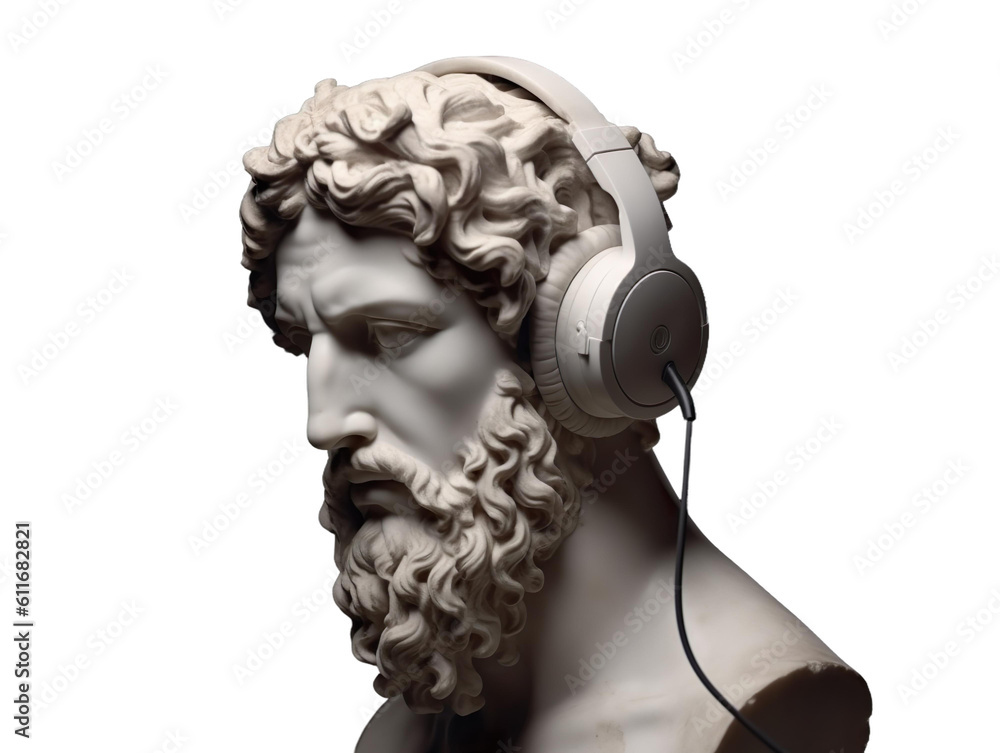 Ancient greek sculpture wearing headphones and listening to music ...