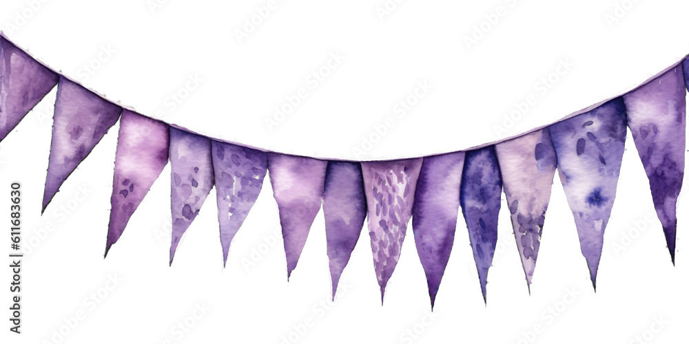 slightly hanging string of purple pennant in watercolor isolated ...