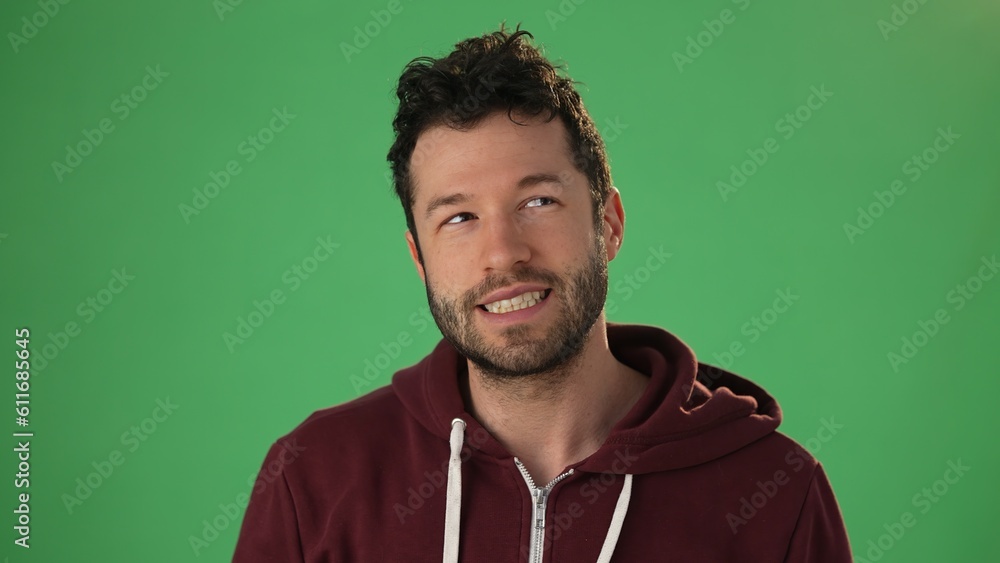 Close up head shot portrait man applicant on green screen chroma key ...
