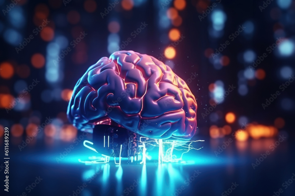 Brain connected to electric circuit with electronic light bulb human ...