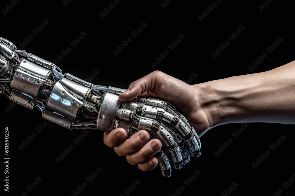 Mano de robot apretando mano de humano en señal de acuerdo. Ilustracion ...