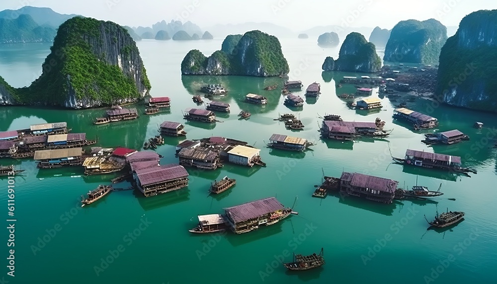 Aerial view Vung Vieng floating fishing village and rock island, Halong ...