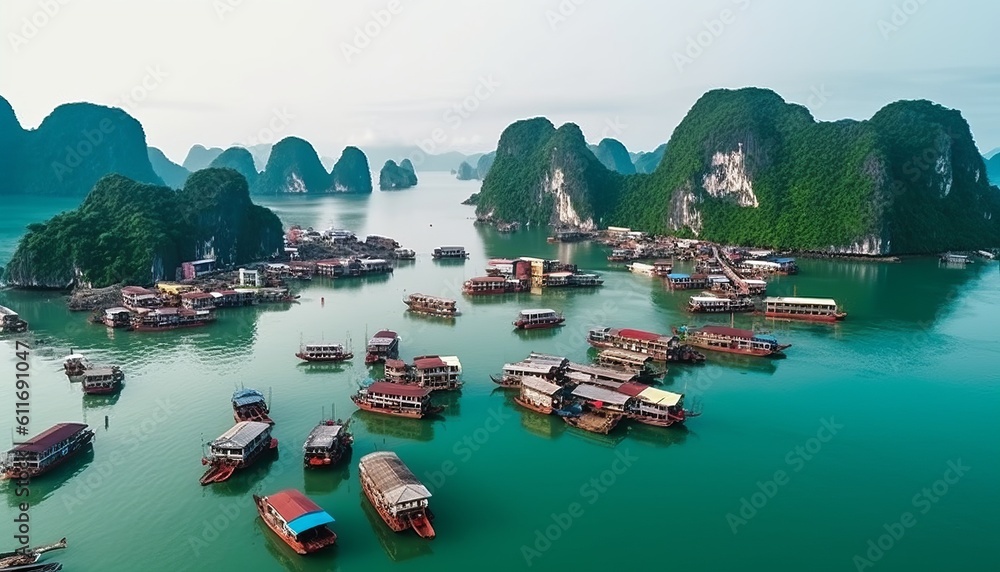 Aerial view Vung Vieng floating fishing village and rock island, Halong ...