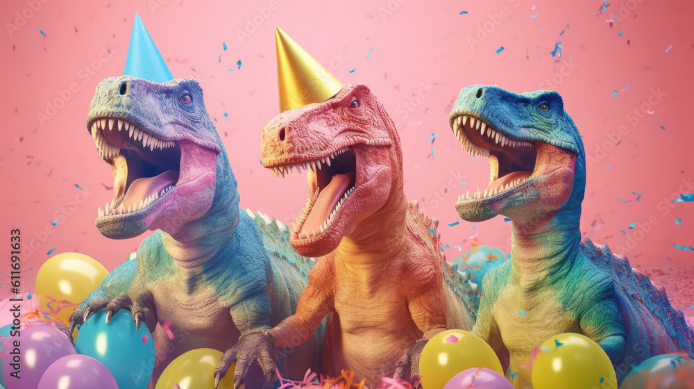 Illustrated dinosaurs party concept, small cute dinosaurs with birthday ...