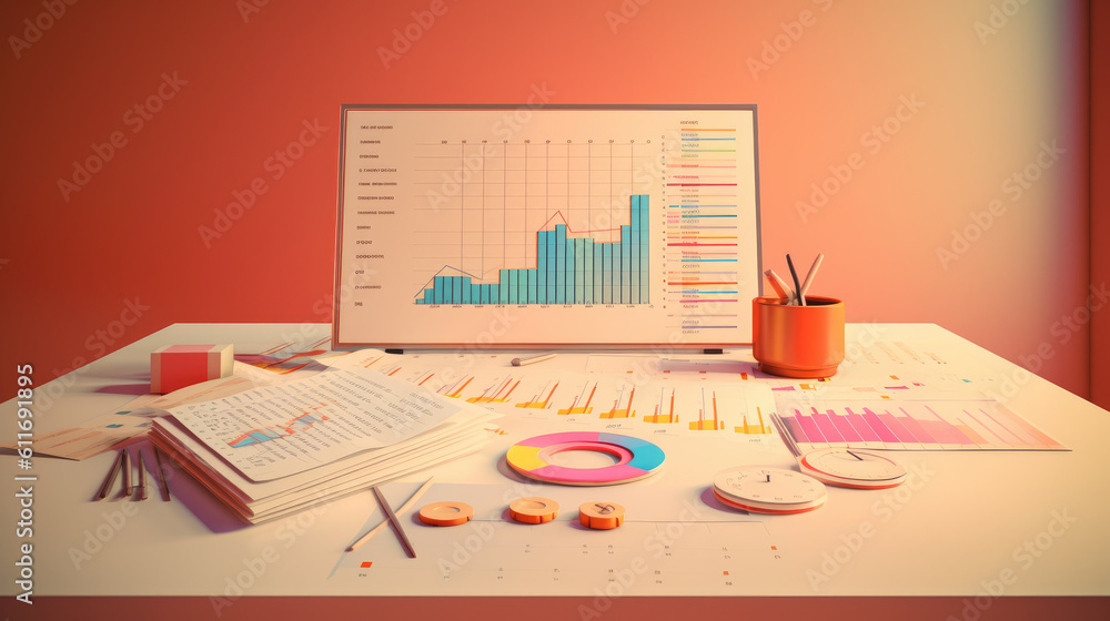 Work desk with Chart showing growth of company on computer screen ...