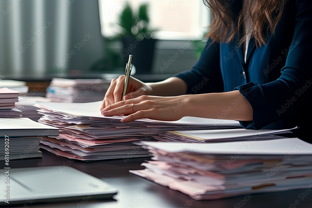 Woman office worker holding and writing documents on office desk. Stack ...