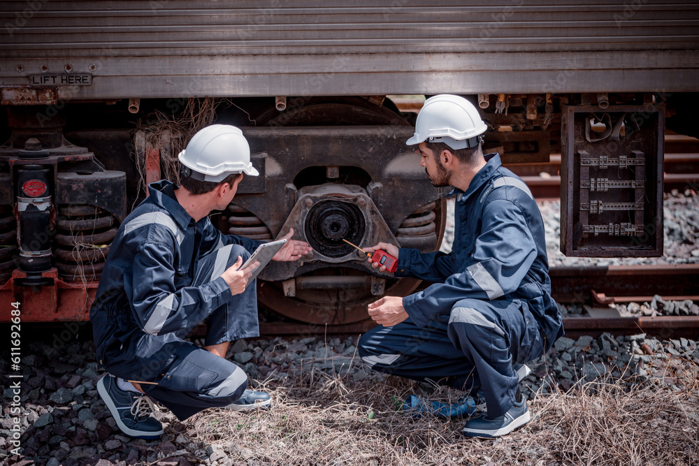 Engineer railway under inspection and checking construction railway switch and checking train ...