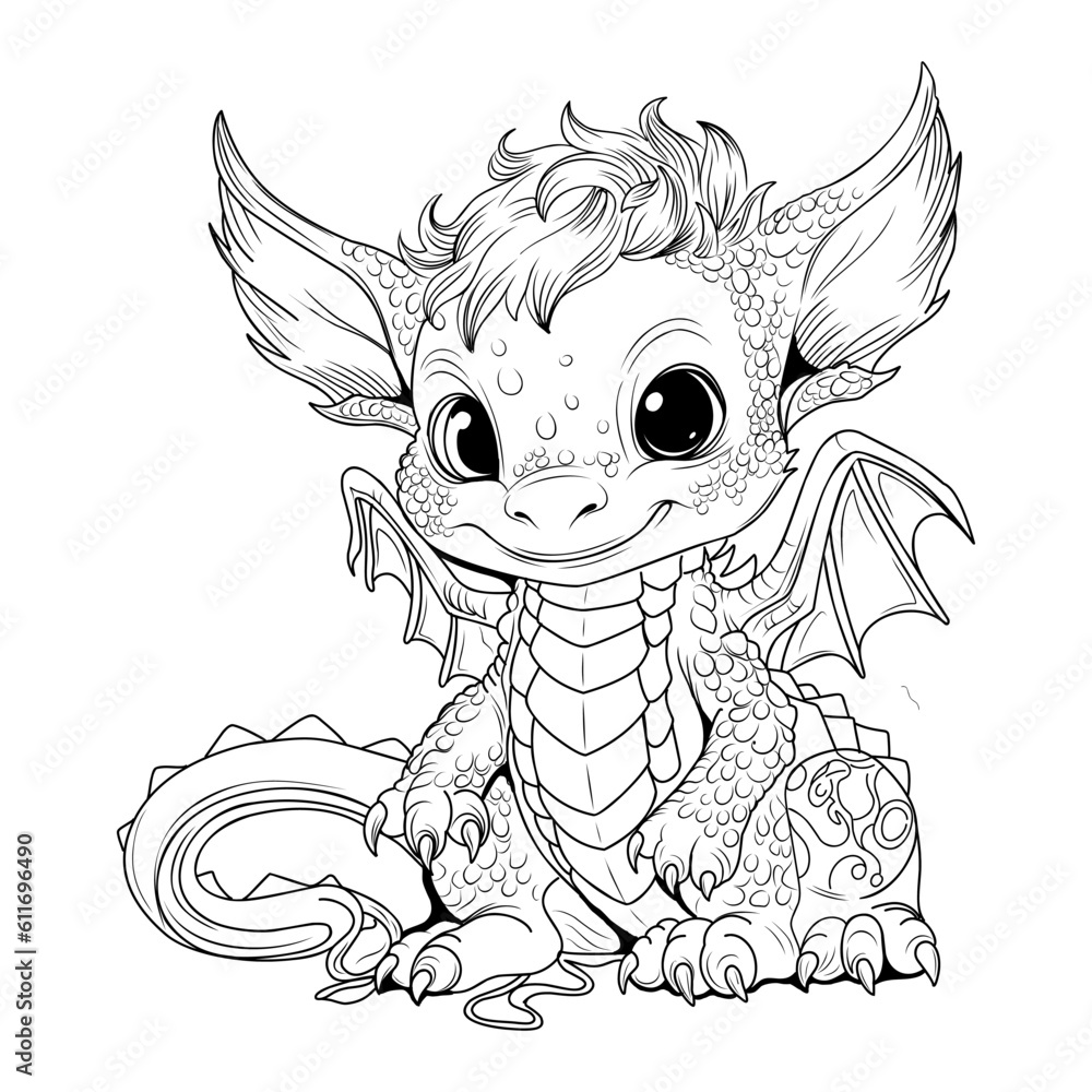 Dragon coloring book. Coloring page simple line illustration of little ...
