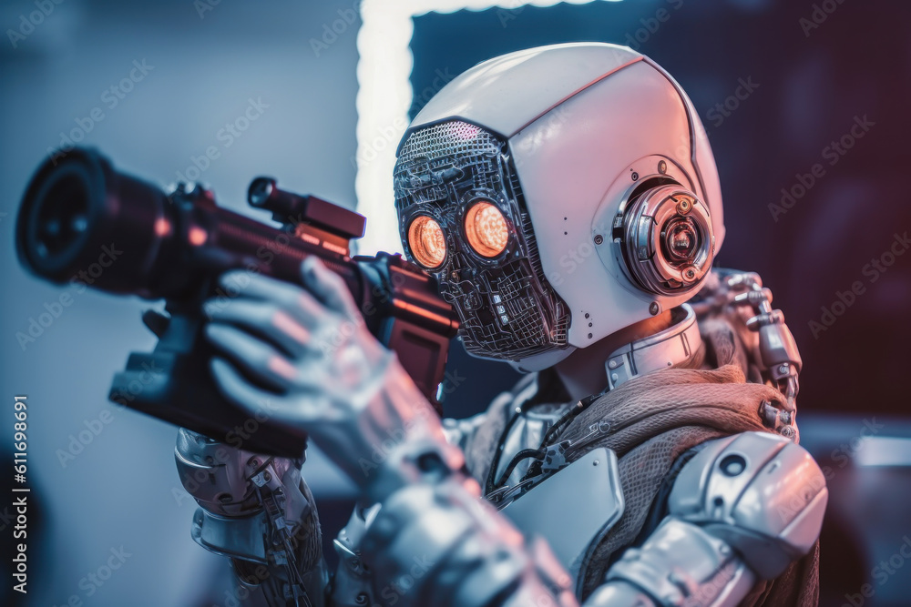 A robot holding a camera instead of a human in the city The concept of ...