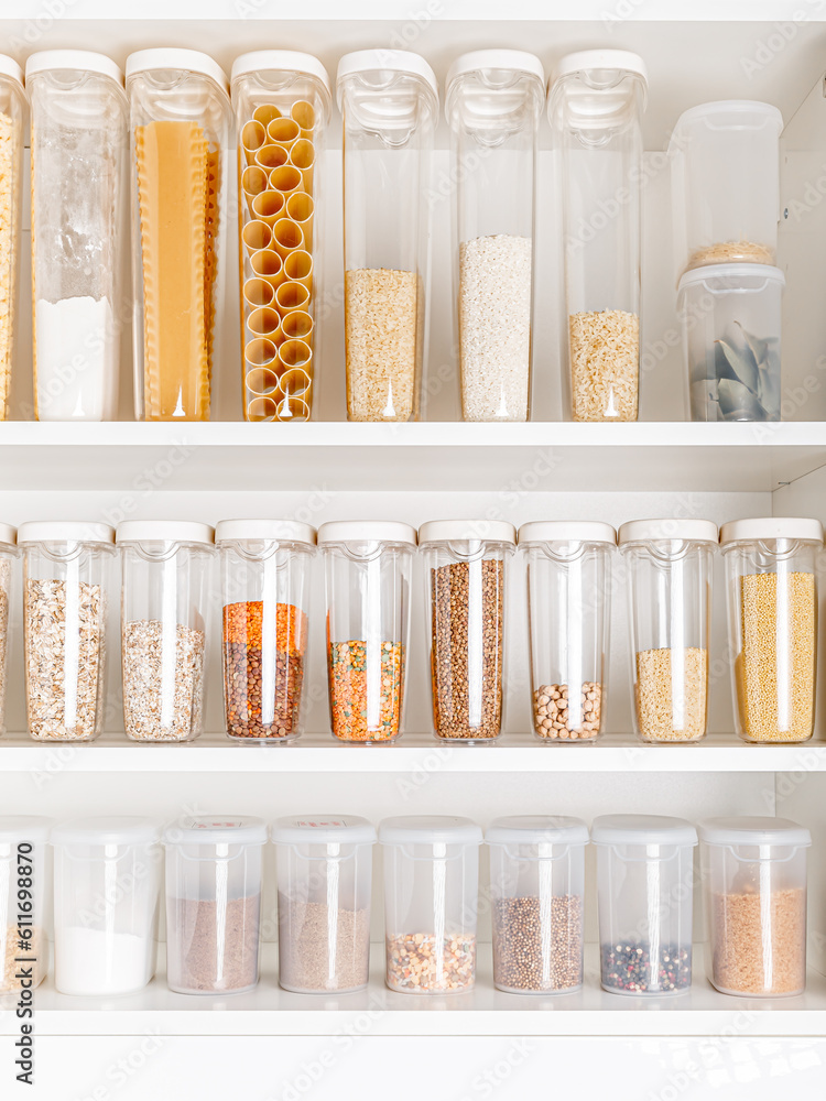 Stocked kitchen pantry with food. The organization and storage in a ...