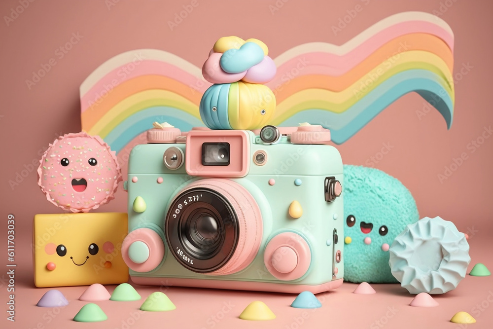 cute pastel kawaii photo camera on the colorful background. Generated ...